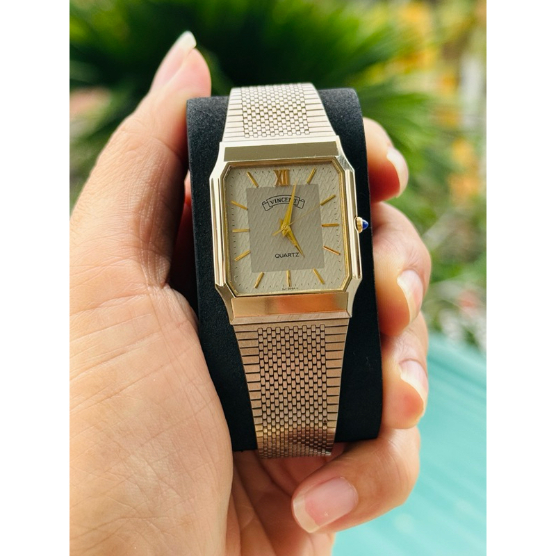 Đồng hồ Tank Vincent Quartz nội địa Nhật núm đá quý mặt 2 lòng rất mới ...