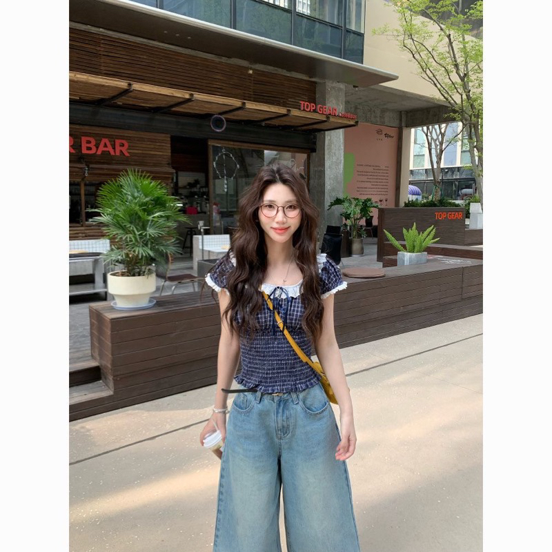 Áo cộc tay áo kiểu nữ kẻ caro phối viền ren cổ bo chun zip | Shopee Việt Nam