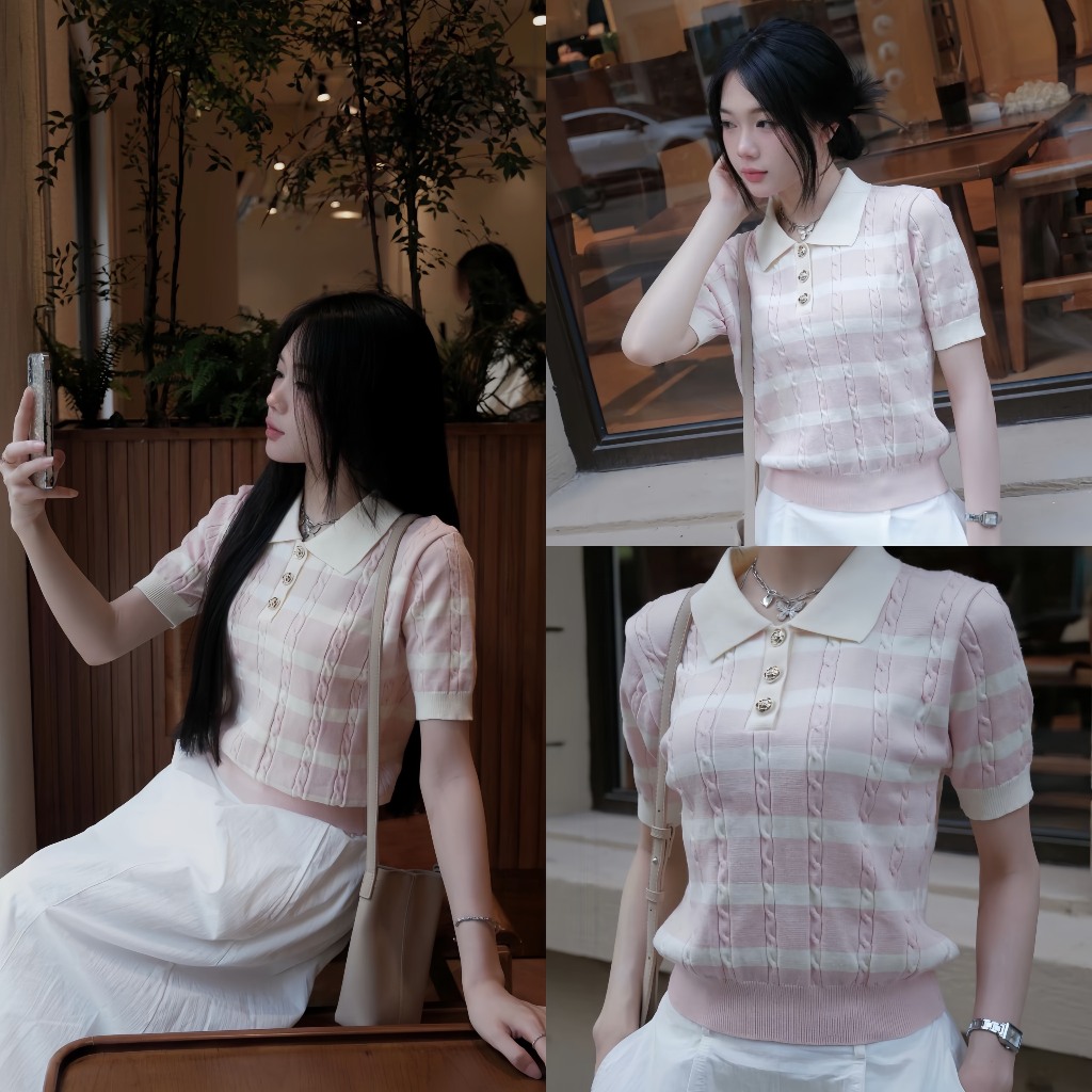 Áo polo len nữ kẻn gang trắng hông Chất len mềm mịn, phong cách thanh lịch cho các dịp hot 2025 ...