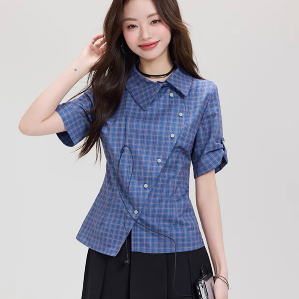 Áo sơ mi caro nữ ngắn tay cổ polo thiết kế phối hàng nút áo xéo Anan Bigsize AS0009BL | Shopee ...