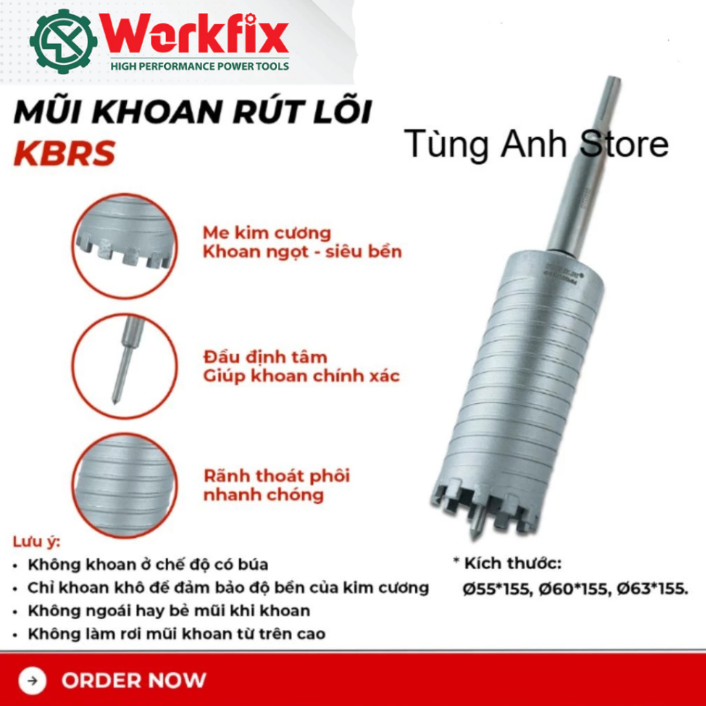 Mũi khoan rút lõi Workfix RS 55/60*155, Răng kim cương đặc biệt khoan ...