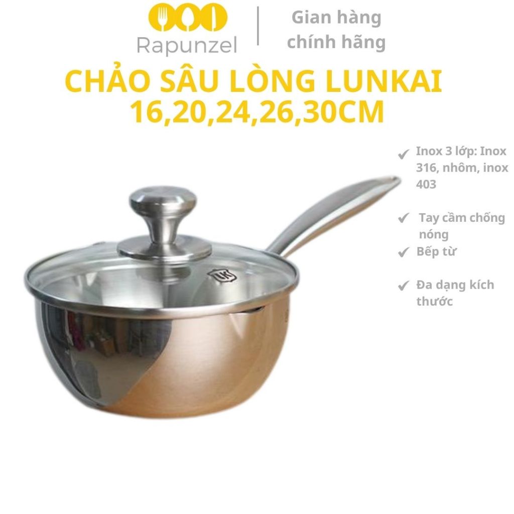 Chảo sâu lòng LUNKAI 16,20,24,26,30cm, chảo inox sâu lòng, chảo kèm ...