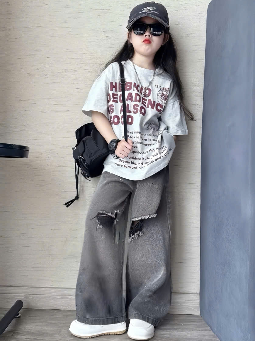 M71/ set quần jeans rách kèm áo phông ngắn tay siêu sành điệu cho bé đi học, đi chơi 20-50kg ...