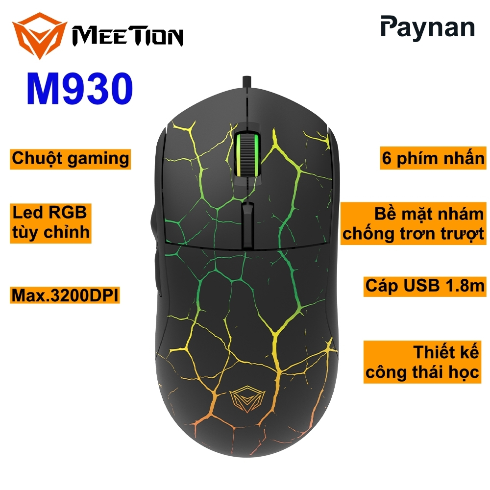 Chuột dây gaming Meetion M930 RGB LED, 6 nút, 3200 DPI phù hợp chơi ...