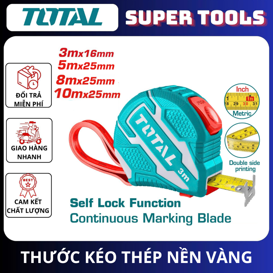 ĐỒ NGHỀ TOTAL Thước kéo thép nền vàng 3M 5M 8M 10M TMT126231, TMT126252 ...