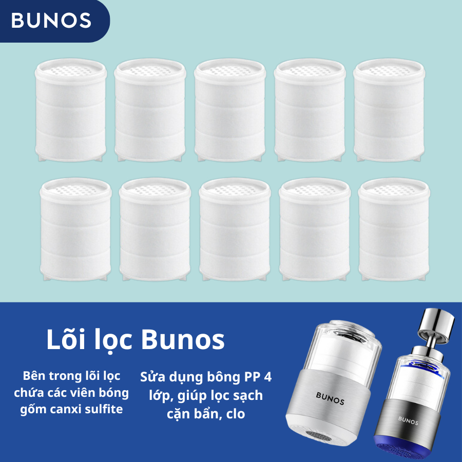 Combo Lõi Lọc nước BUNOS bông PP, giúp lọc sạch cặn bẩn, khử clo, an ...