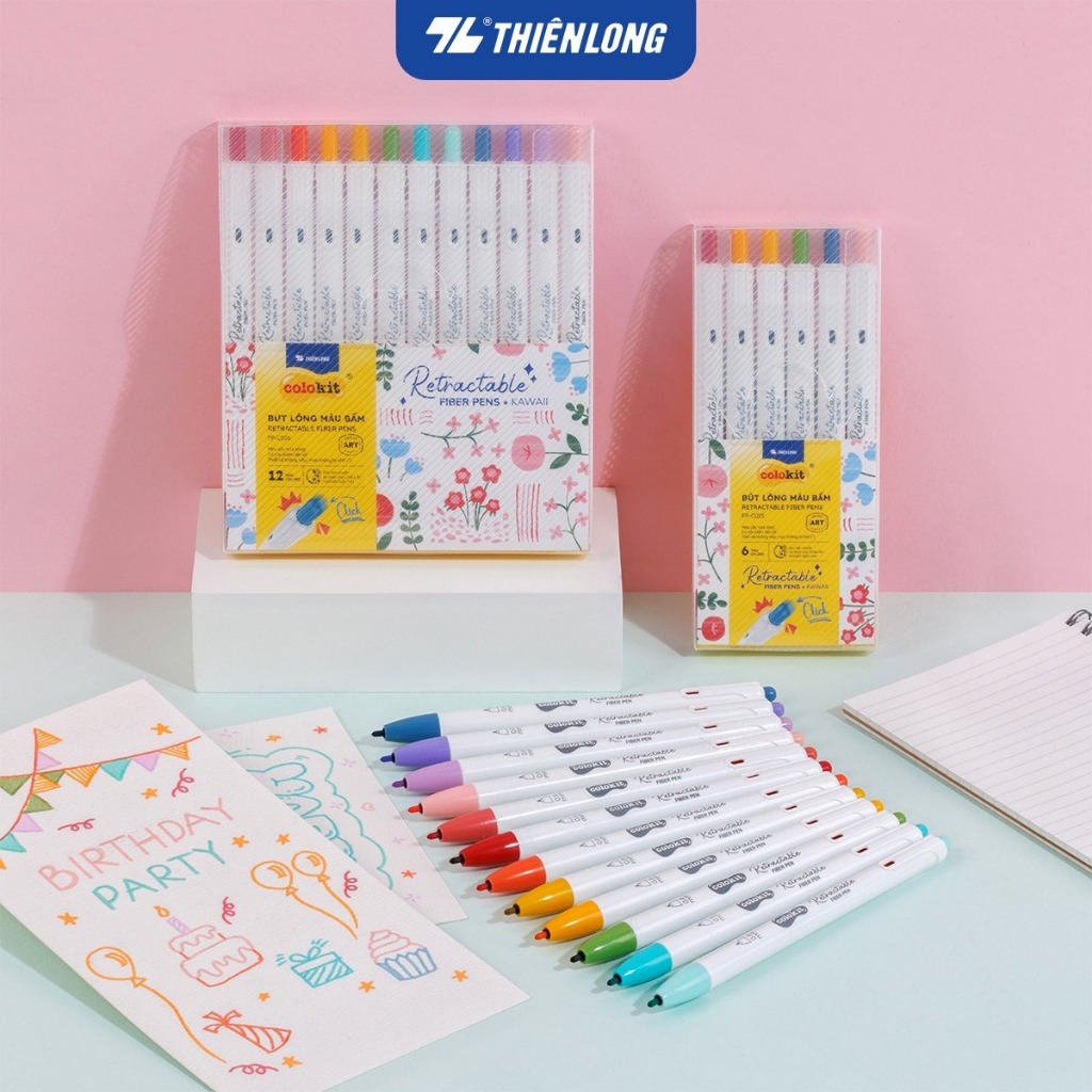 Bút lông 6/12 màu dạng bấm Retractable Fiber Pens Kawaii Thiên Long ...