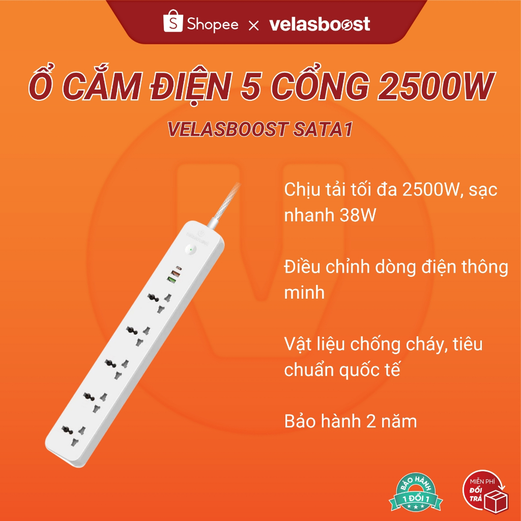 Ổ cắm điện đa năng velasboost SATA1, Chịu tải 2500W, Tiêu chuẩn quốc tế ...