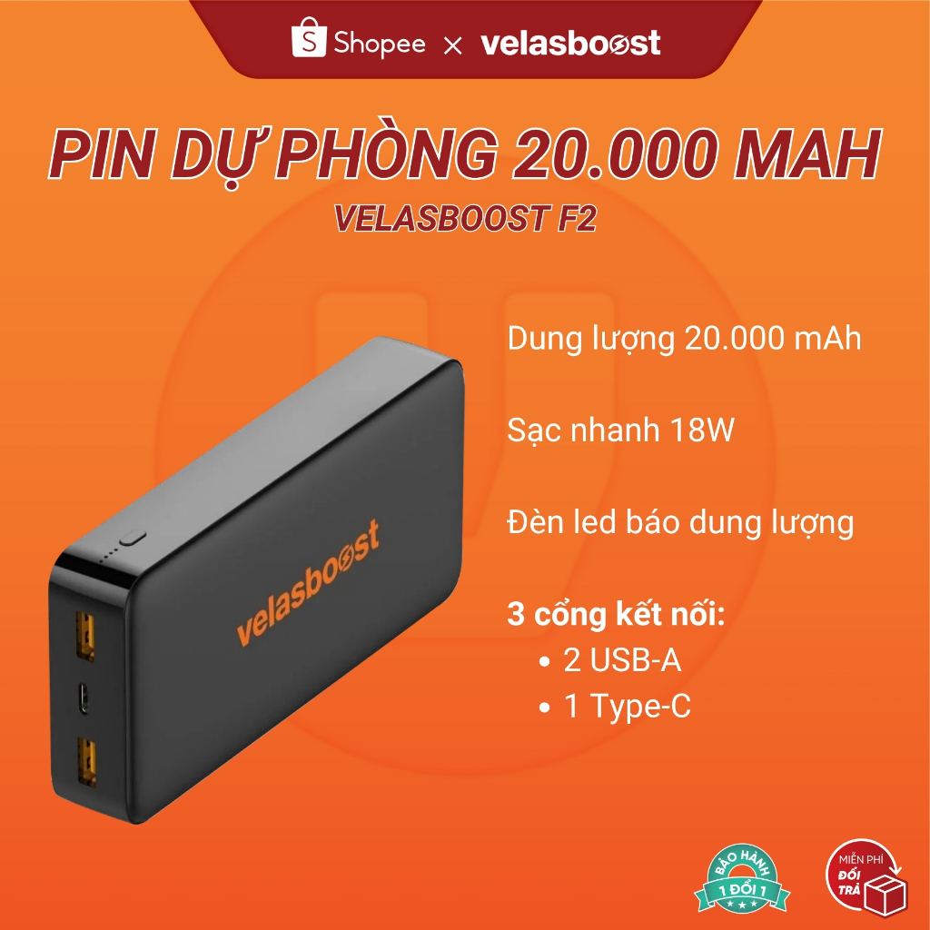Pin dự phòng 20.000mAh velasboost F2, Sạc nhanh PD 18W, Đèn báo dung ...