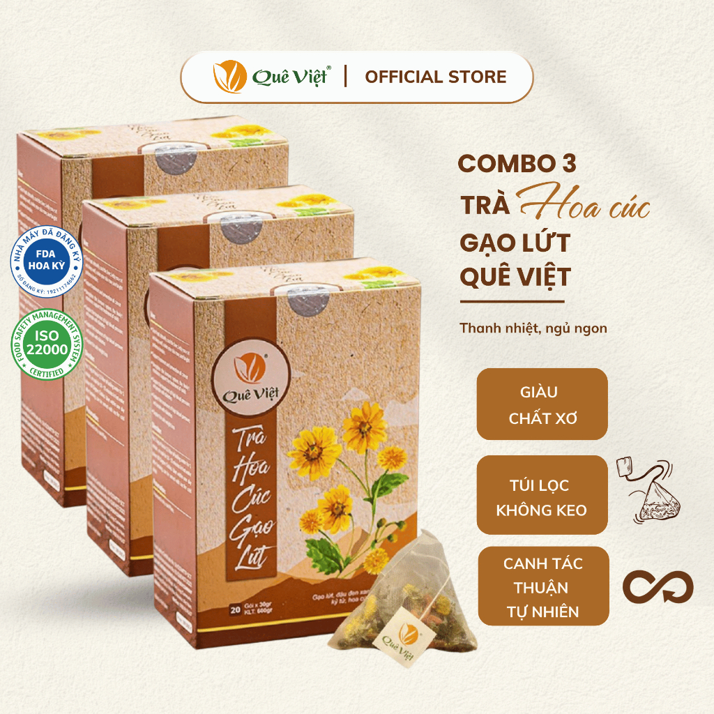 Combo 3 hộp Trà hoa cúc gạo lứt Quê Việt + tặng quà tặng tùy chọn - Hộp 600g (20 túi x 30G ...