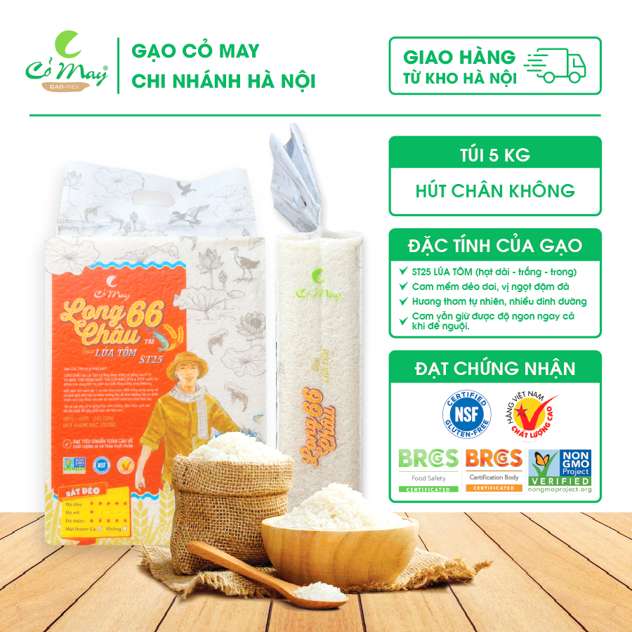 Gạo Long Châu ST25 Lúa Tôm Cỏ May thơm dẻo hút chân không túi 5kg ...