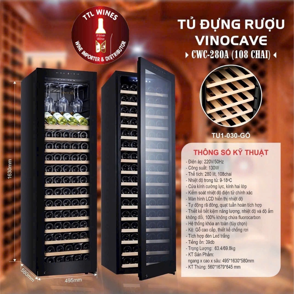 Tủ bảo quản rượu vang, tủ làm mát vang Vinocave 108 chai - Hàng chính ...