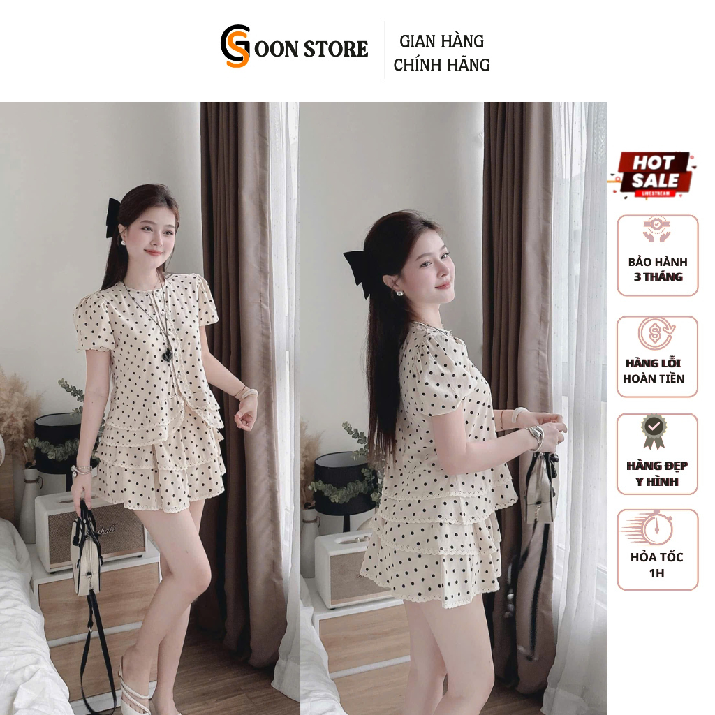 Set đồ nữ chấm bi tay bồng cổ tròn phối chân váy tầng viền ren, Bộ đồ ...