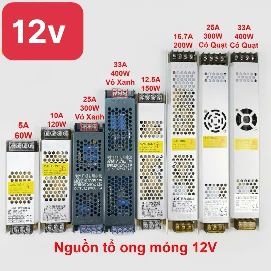 Nguồn Dẹp Tổ Ong Có Quạt Tản Nhiệt, Nguồn Mỏng 12v 5a 10a 12a 12,5a 16a ...