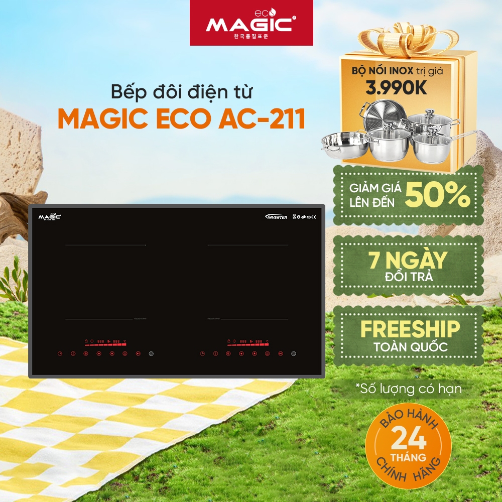 Bếp đôi điện từ Magic Eco AC-211 Made In Thái Lan, công suất 4000W, mâm nhiệt từ, bảo hành 24 ...