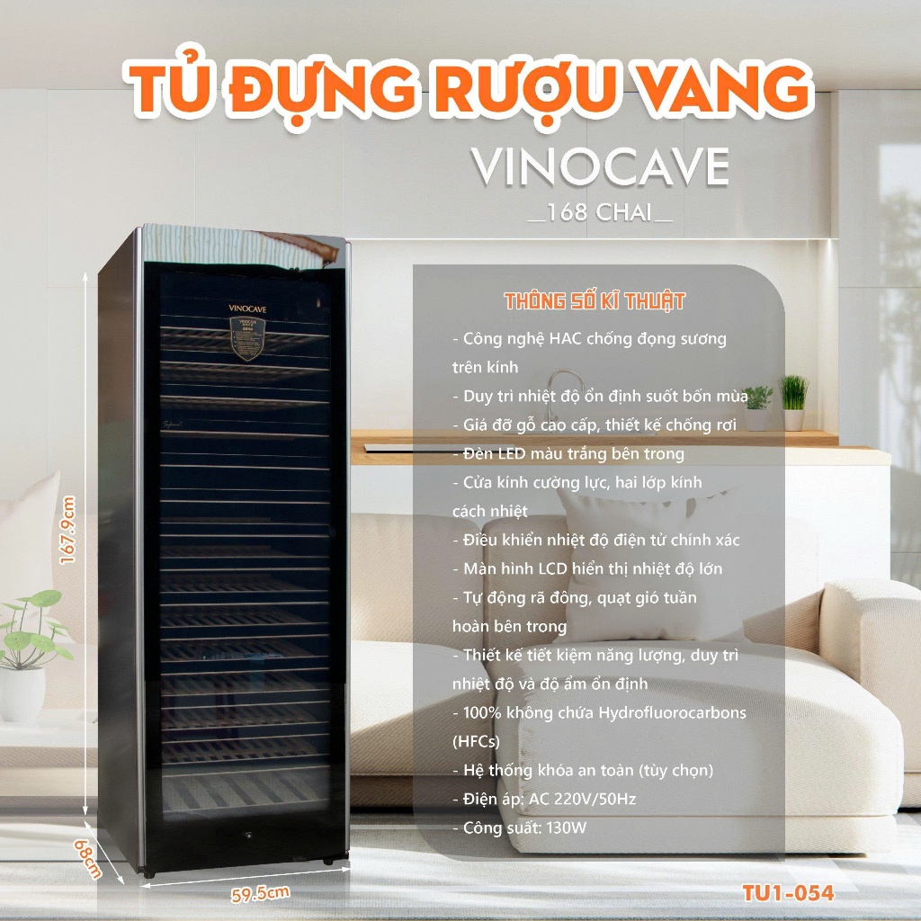 Tủ bảo quản rượu vang VINOCAVE 168 chai – cửa kính chống UV,công nghệ ...