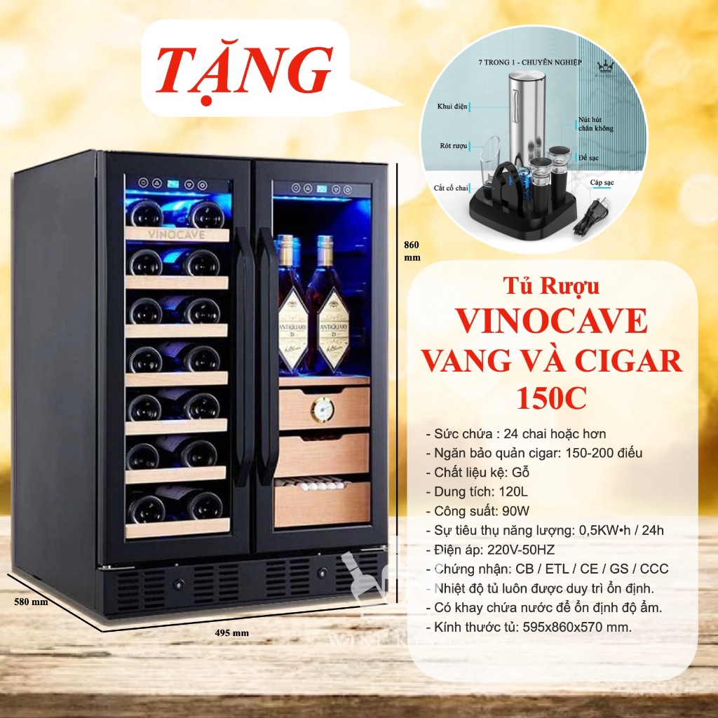 Tủ rượu vang kết hợp tủ cigar Vinocave 150C – 2 vùng nhiệt độ độc lập ...