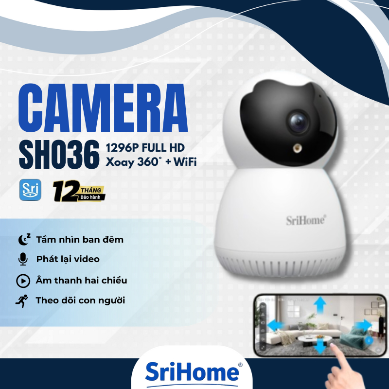 Camera Wifi Srihome Trong Nhà, Xoay 360°, 3M Điểm Ảnh, 1296P FULL HD SH-036 | Shopee Việt Nam