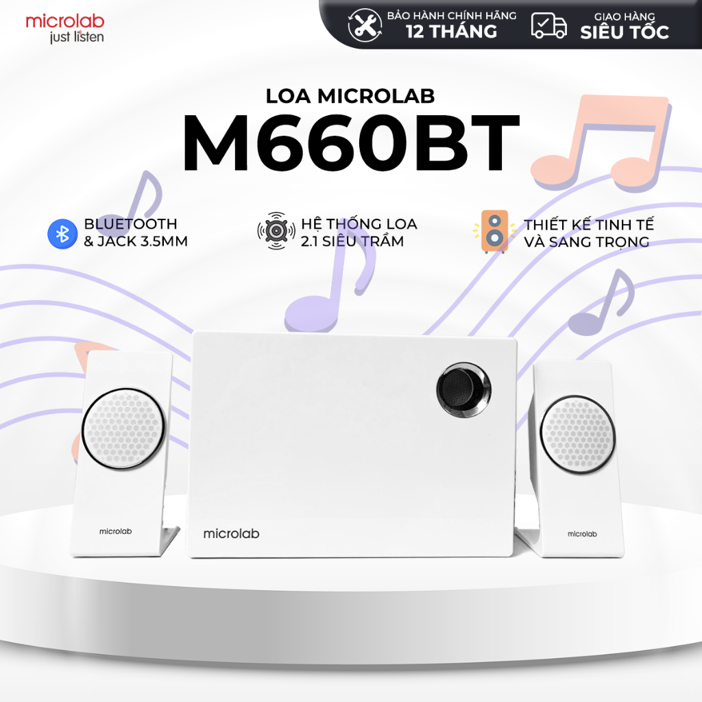 Loa Vi Tính Bluetooth Bass Mạnh MICROLAB M660BT Màu Trắng 2.1, Công Suất 52W,(AUX/Bluetooth ...