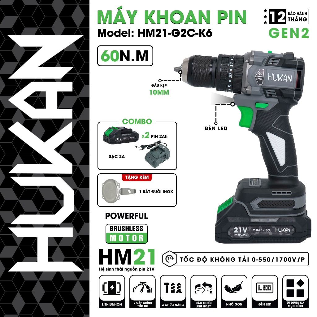 Máy Khoan Dùng Pin HUKAN HM21-G2X-K6, Lực Siết 60N.m, 3 Chức năng, 10mm ...