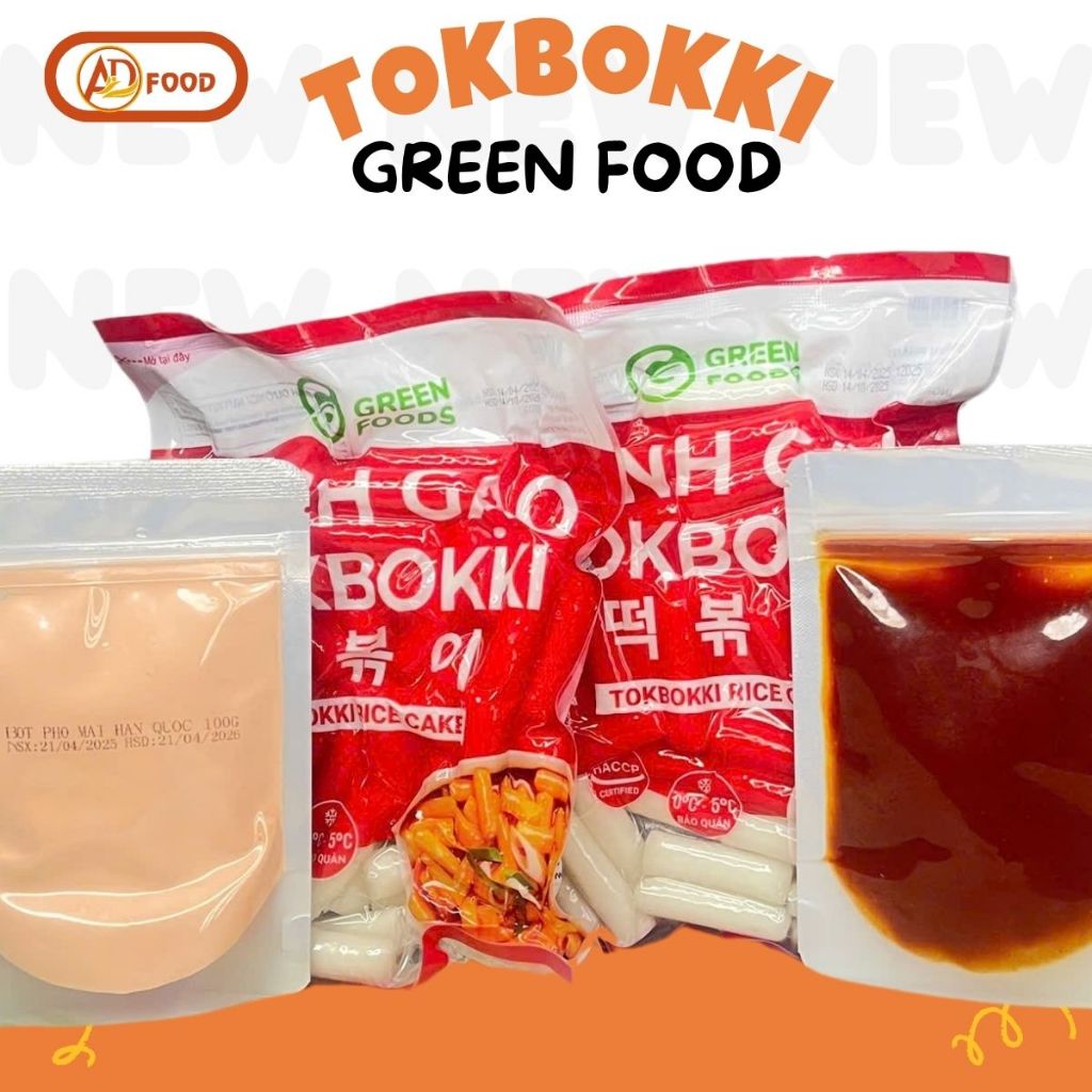 Combo 1kg Bánh gạo Greenfood+100g sốt+100g bột phô mai-set nấu tokbokki sốt cay, chiên lắc phô ...