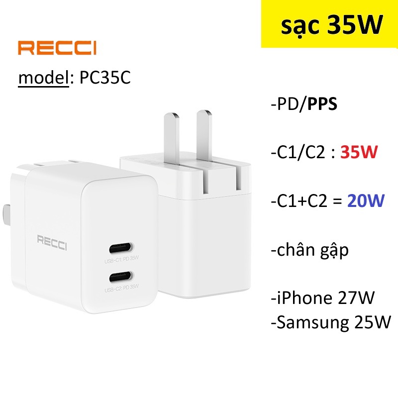 Củ sạc Recci P35C 35W 2C sạc nhanh PD/PPS chân gập -Bảo Hành 6 tháng | Shopee Việt Nam