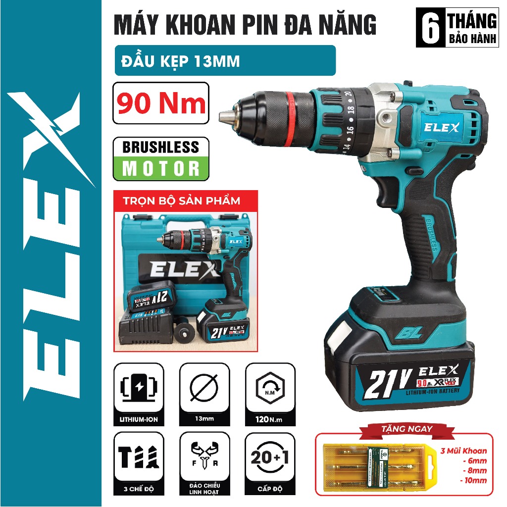 Máy Khoan Pin Elex 90N 21 volt, Lực Siết 90Nm, Đầu Kẹp 13mm,Khoan tường,Bê tông Khoan Sắt, Bắt ...