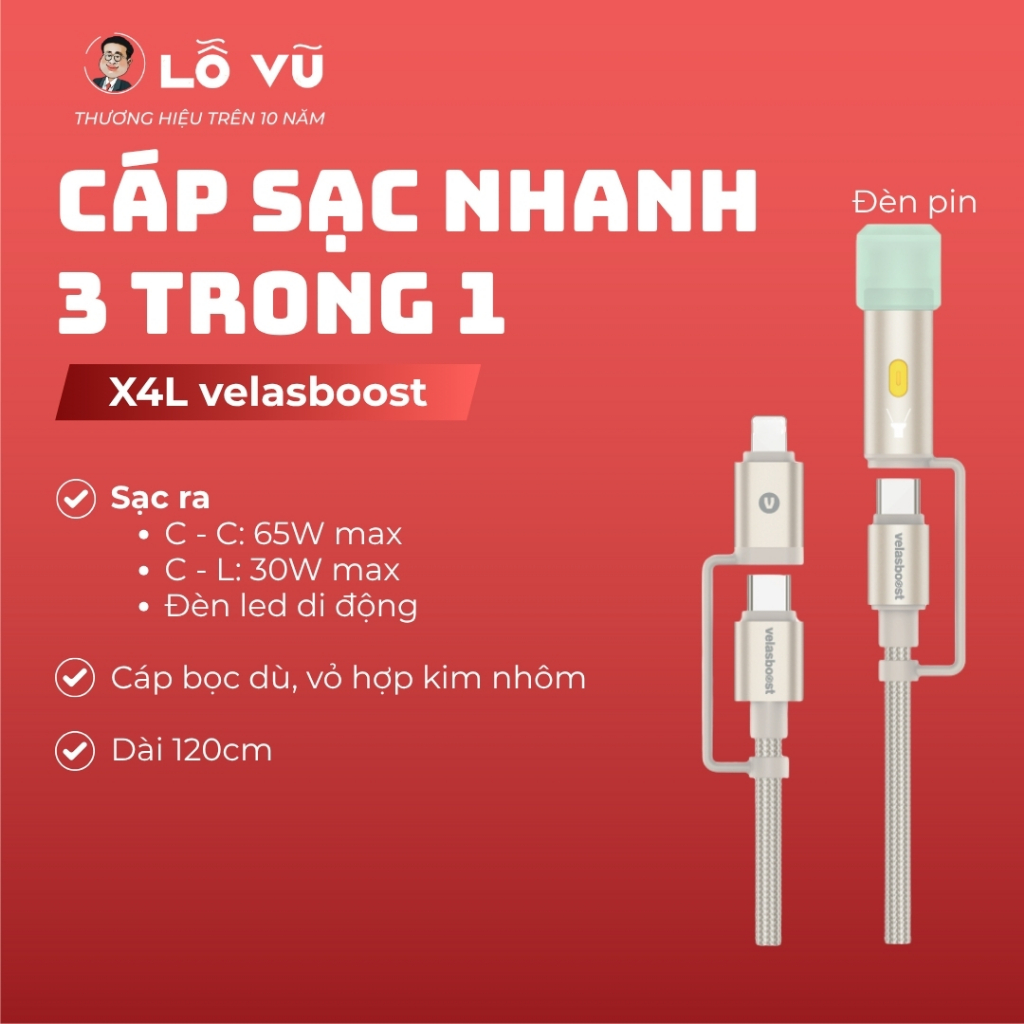Cáp sạc nhanh 3 trong 1 X4L / X4F velasboost, Tích hợp đèn led / Bộ ...