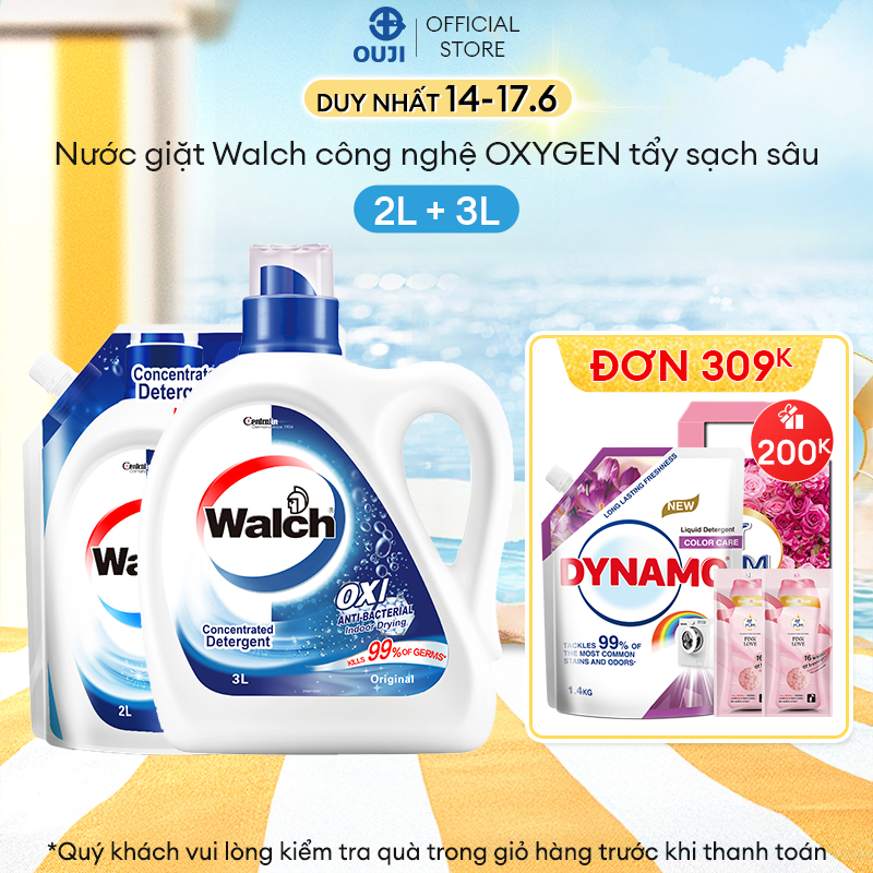 [DUY NHẤT 14-17/6]Combo Chai Nước Giặt kháng khuẩn khử mùi Walch 3L + Túi Nước Giặt Walch 2L ...