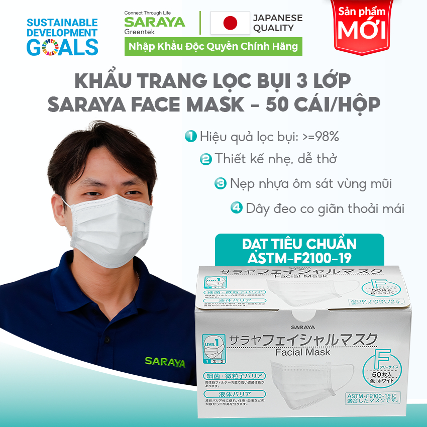 Khẩu trang lọc bụi 3 lớp Nhật Bản SARAYA FACE MASK, đạt tiêu chuẩn ASTM-F2100-19, thiết kế nhẹ ...
