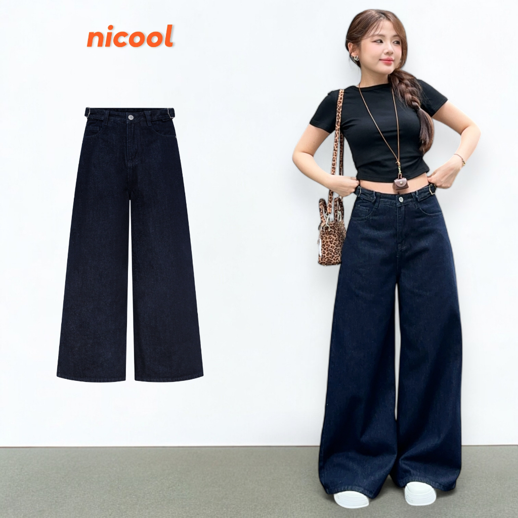 Quần Jean Nữ Ống Suông Rộng NICOOL Phối Dây Khuyên Quần Bò Nữ Xanh Navy ...