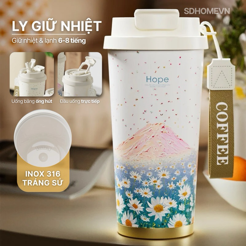 [Mã tổng] Ly giữ nhiệt 520ml Inox 316 phủ gốm ceramic kèm lõi lọc trà và ống hút Big Car ...