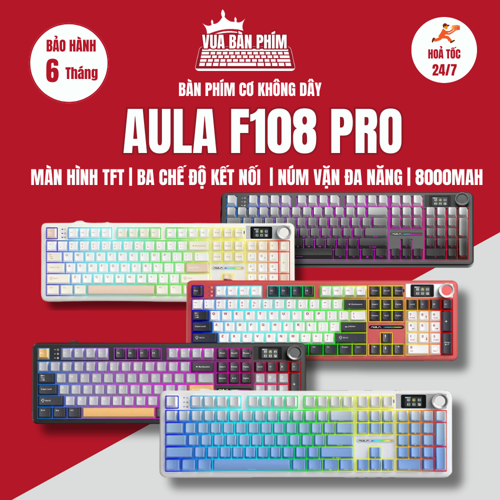 [HÀNG SẴN] Bàn phím cơ không dây Aula 108 pro, màn hình tùy chỉnh , full phím, 3mode , mạch xuôi ...