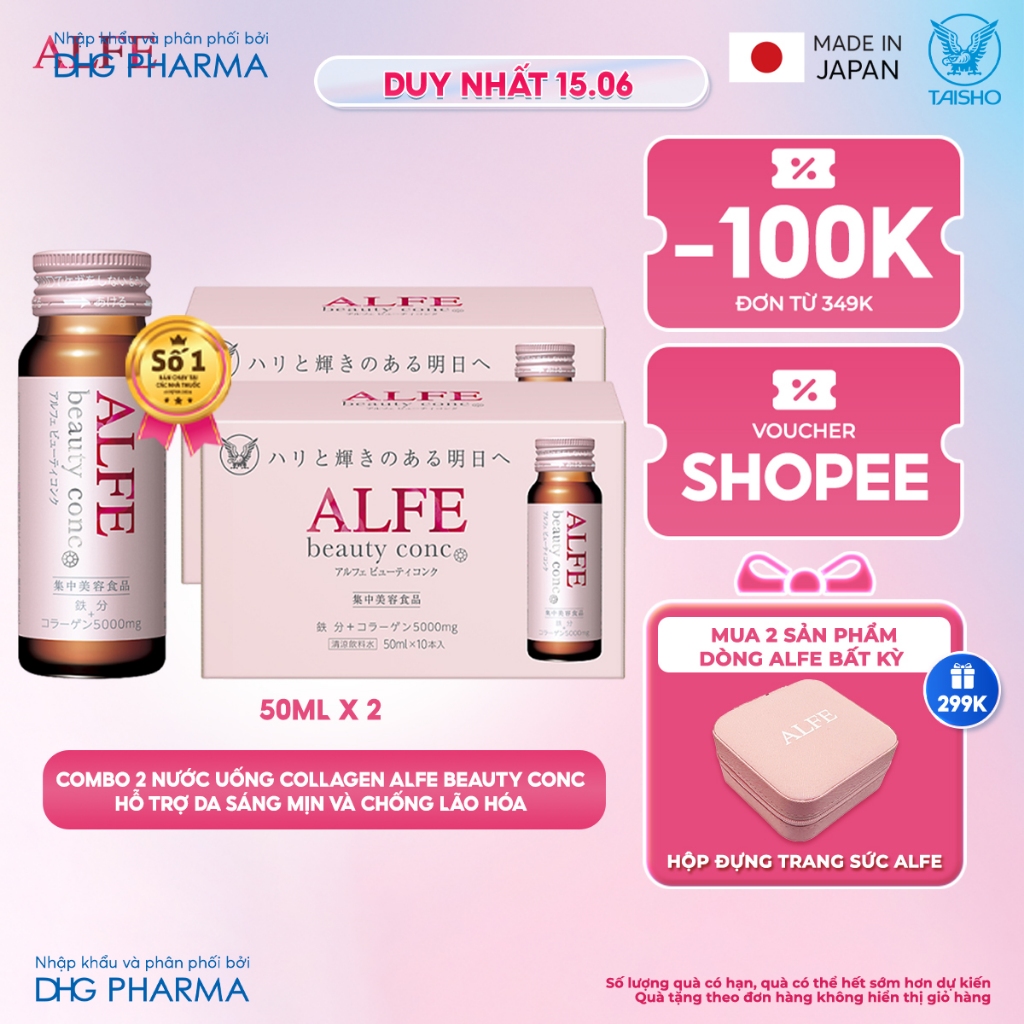 Combo 2 Collagen uống ALFE Beauty Conc hỗ trợ tăng đàn hồi da, giúp da sáng mịn 10 chai x 50ml ...