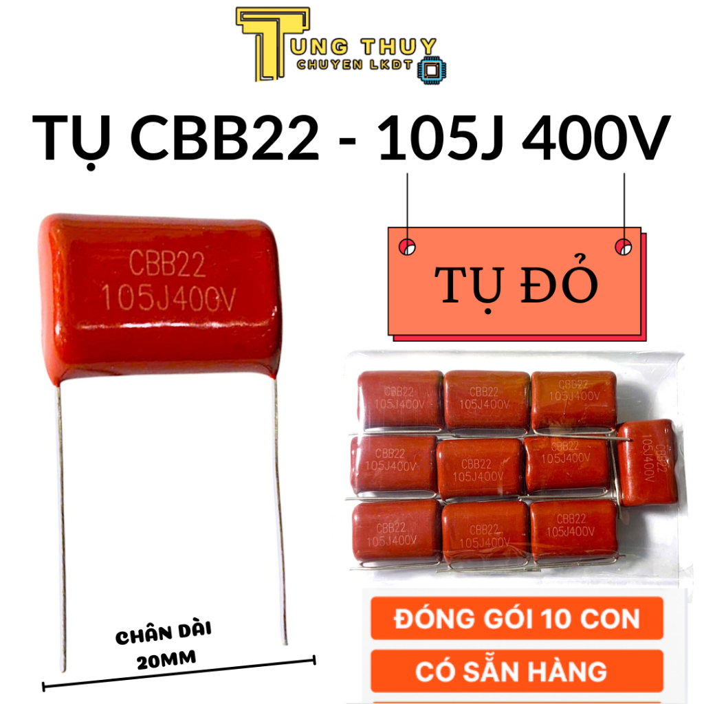 Tụ đỏ CBB22 105J 400V chân dài 20mm | Tụ kẹo lọc nguồn, gói 10 con ...