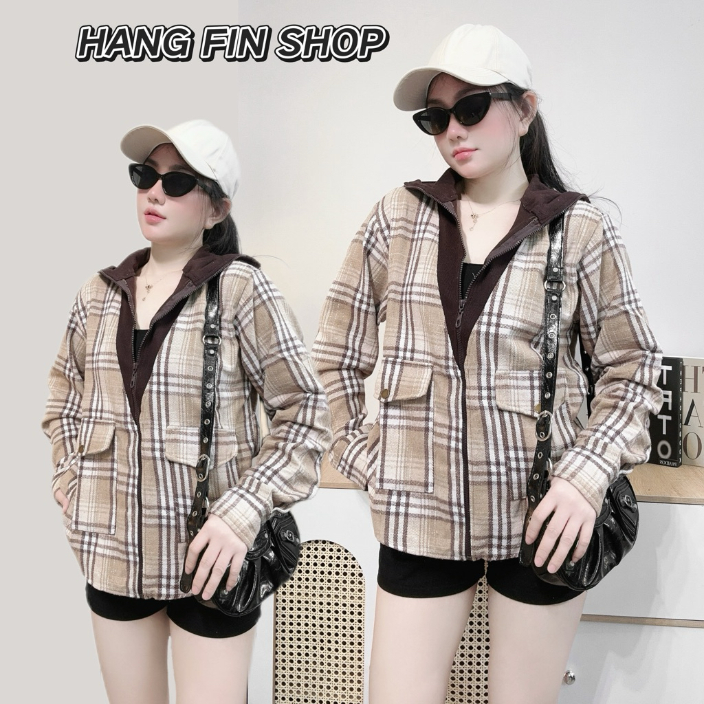 Áo Khoác Sơ Mi Dạ Caro Flannel Phối Nón Thun Gân, Tay Dài, Form Rộng Năng Động, Trẻ Trung by ...