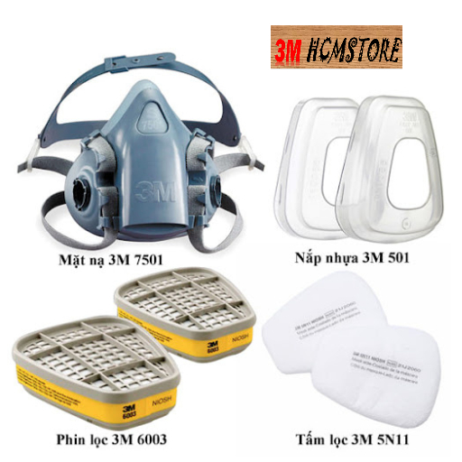 ĐỦ BỘ MẶT NẠ 3M 7501 ĐI KÈM PHIN LỌC 3M 6003 bao gồm 01 cái 7501 + 2 phin lọc 6003 + 2 nắp lọc ...