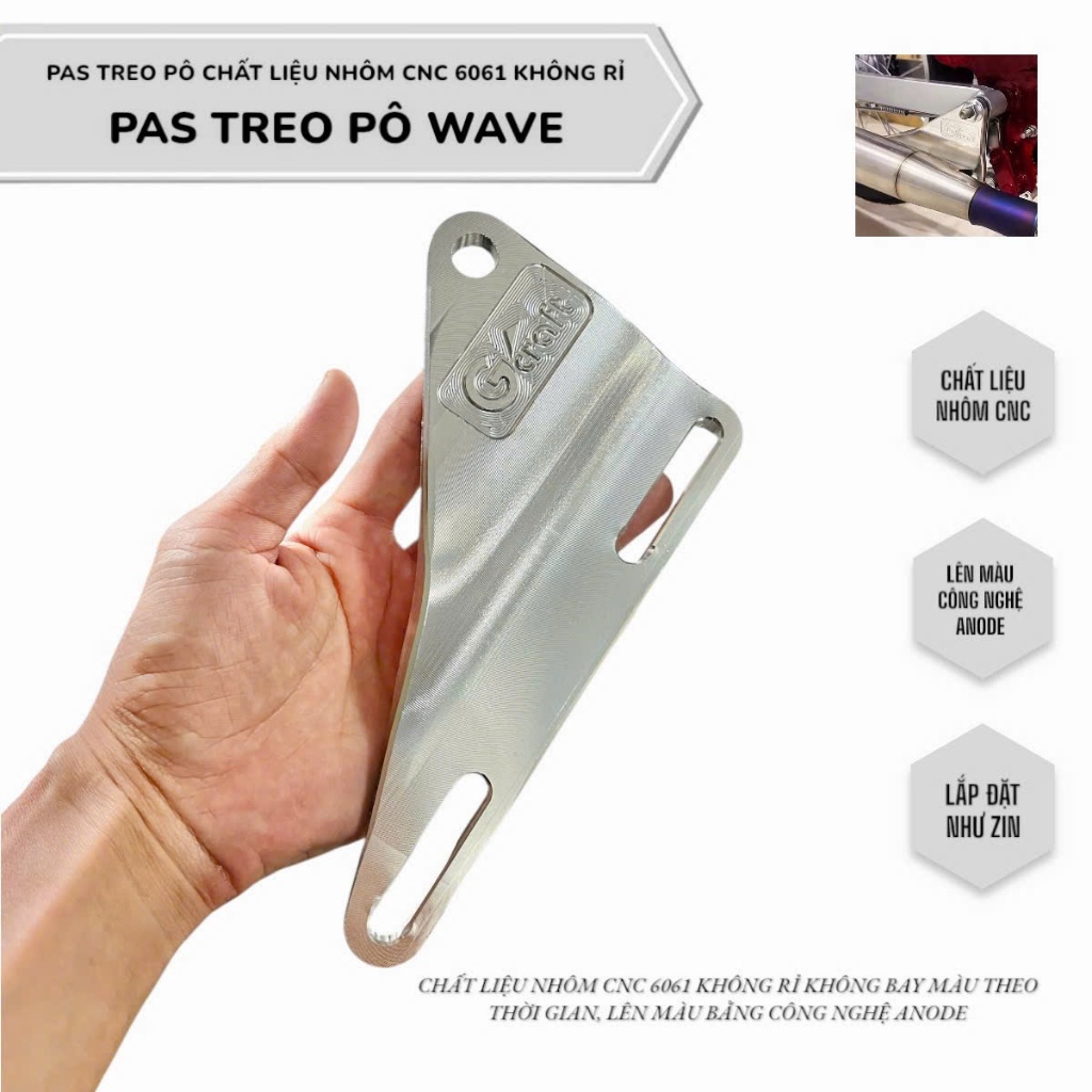 Pas treo pô WAVE mẫu Gcraft nhôm cnc nguyên khối dày 8mm chống rung pô ...