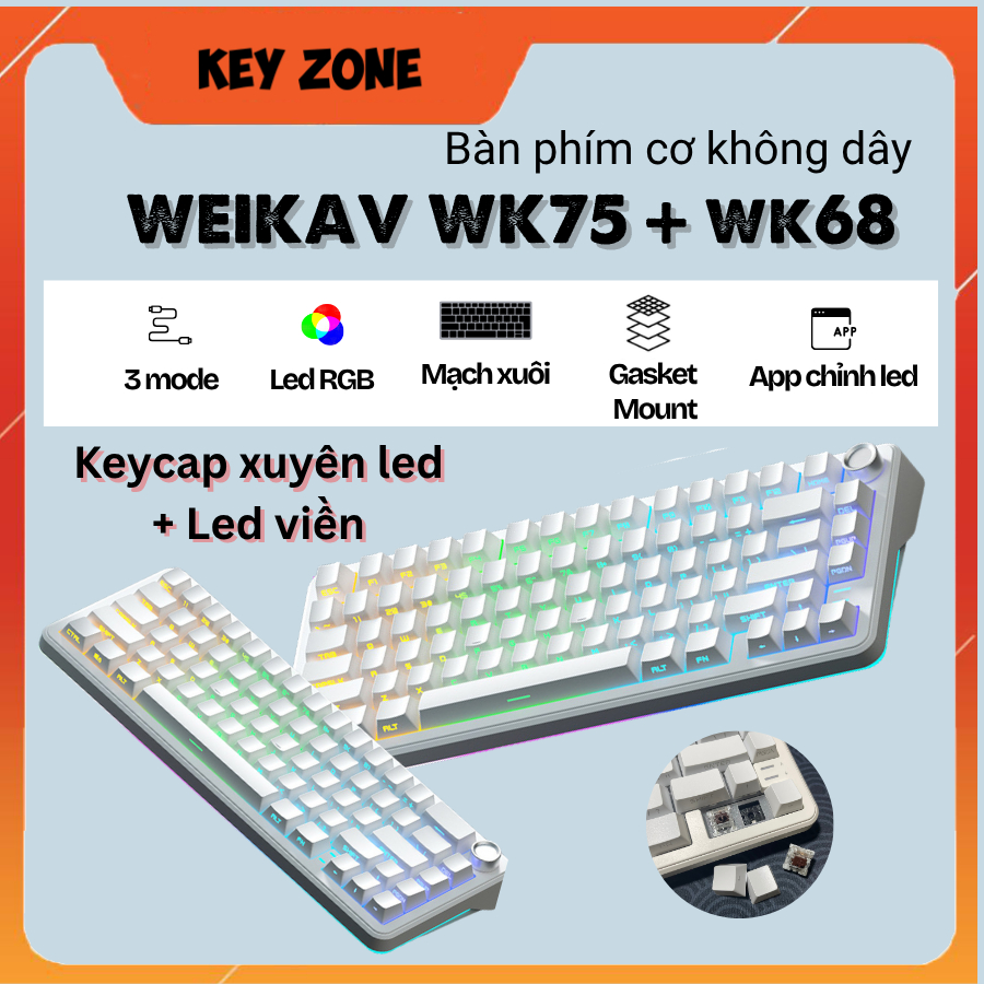 Bàn phím cơ màu trắng Weikav WK75 + WK68 - Keycap xuyên led - hotswap 5 pin - Led RGB + Led viền ...