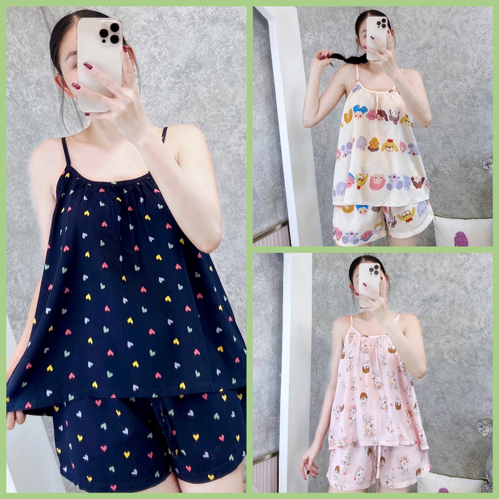 Đồ bộ tole nữ, bộ lanh mặc nhà đùi 2 dây tole 2 da SHOP5SAO (43-67kg ...