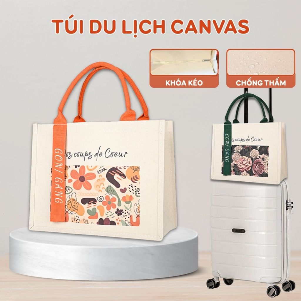 Túi cói du lịch vải canvas có khóa kéo chống thấm họa tiết vintage đựng ...