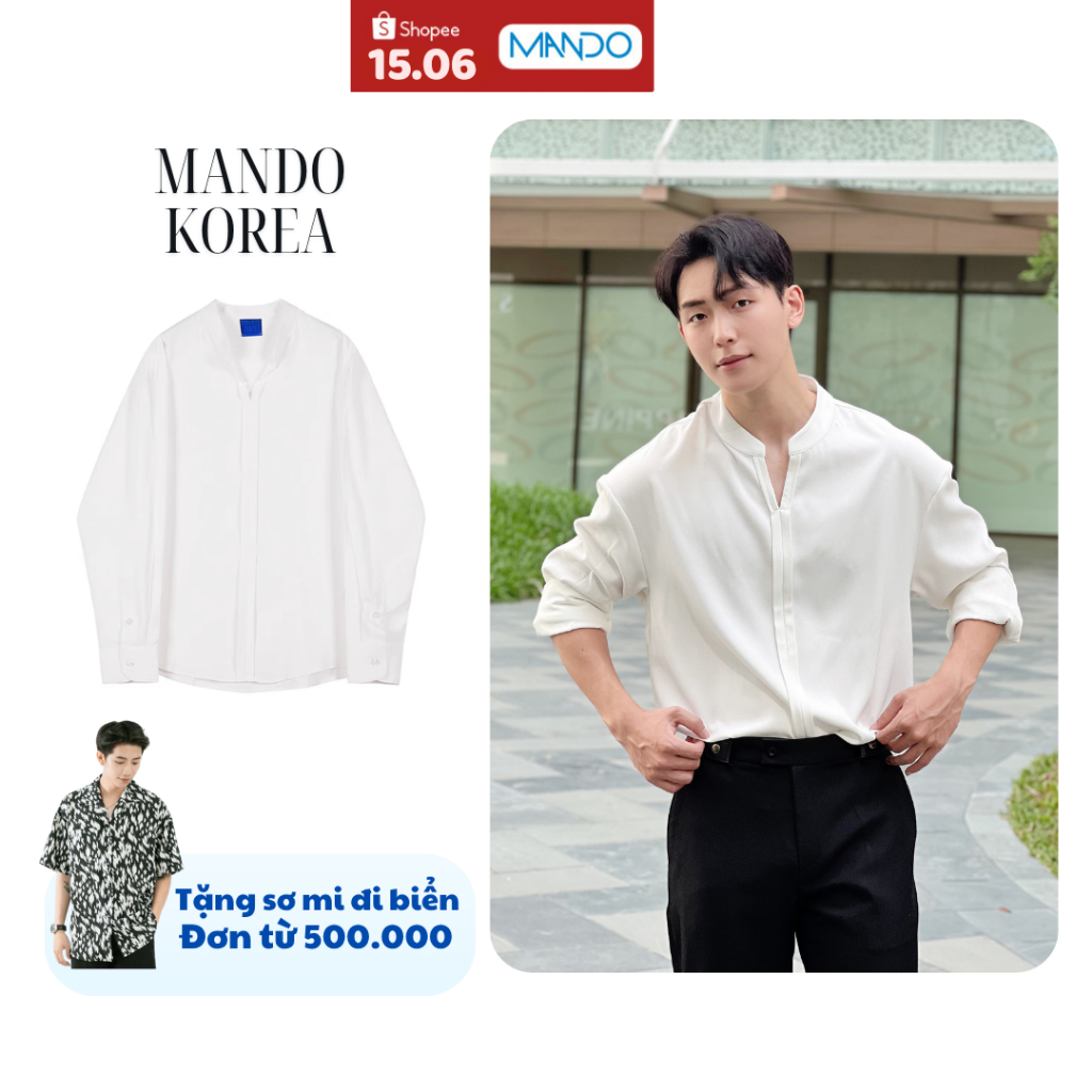 Áo sơ mi cổ tàu Henley-Shirt vải chéo hàn chống nhăn Oversized phong ...
