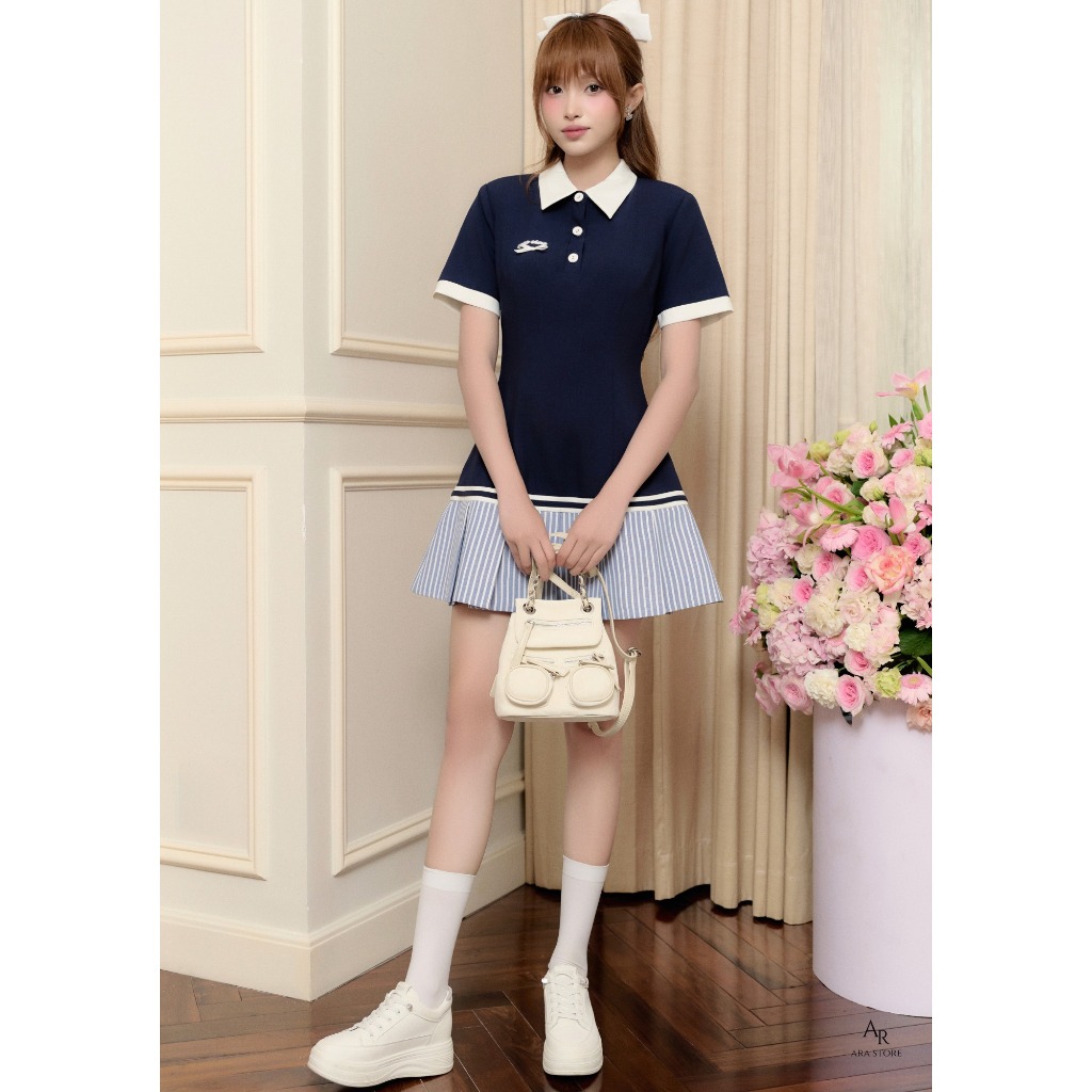 Ara - Váy đầm thiết kế xòe xanh navy cổ sơ mi phối kẻ Elar Dress V118 ...