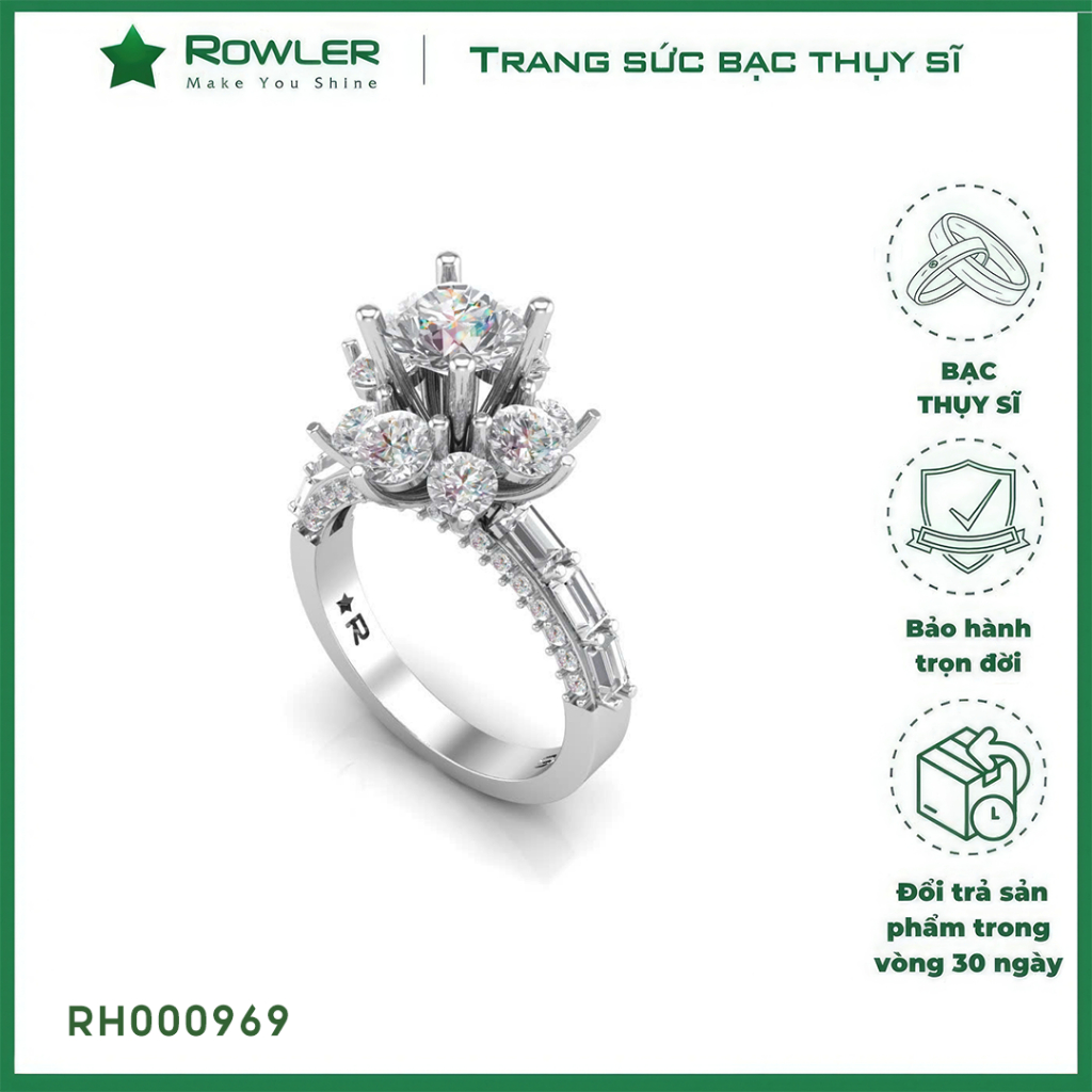 Nhẫn Royal bạc Thụy Sĩ đính full đá Moissanite viên chủ 6.0ly ...