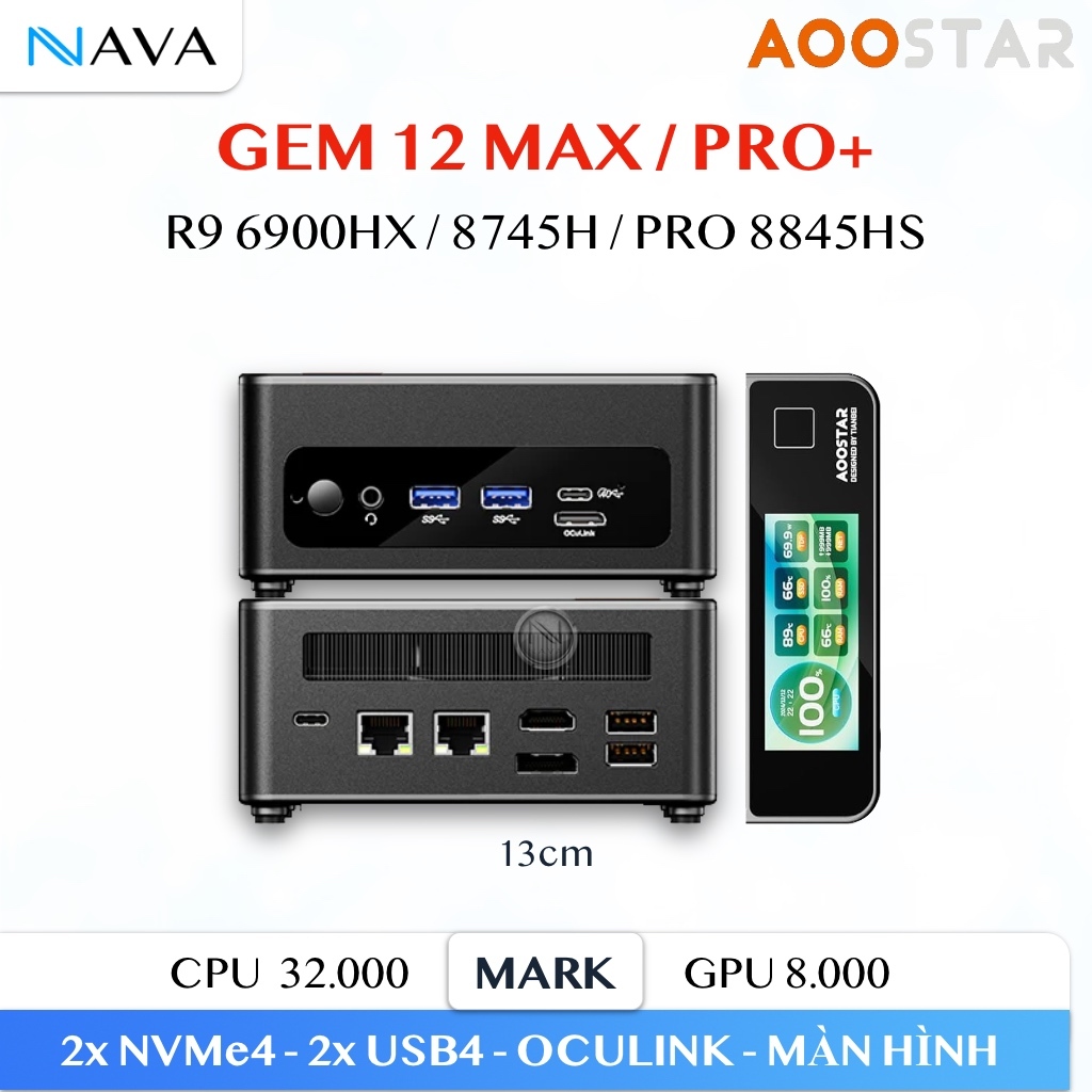 Mini PC AooStar GEM 12 Pro Max R7 8845HS 8745HS Gem12 Màn LCD, Oculink ...