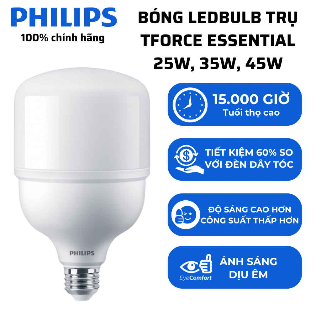 Bóng Led Bulb Tforce Essential Philips 25W, 35W, 45W Trắng 6500K đuôi đèn E27, Ánh sáng dịu êm ...