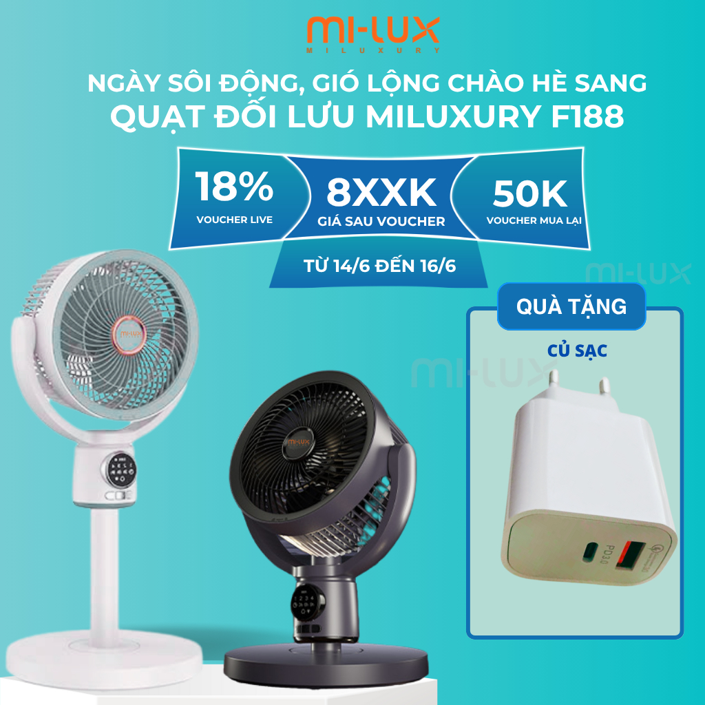 Quạt Tích Điện Cao Cấp MILUXURY F188 - Pin 8000mAh, 5 Chế Độ, Đèn Ngủ ...