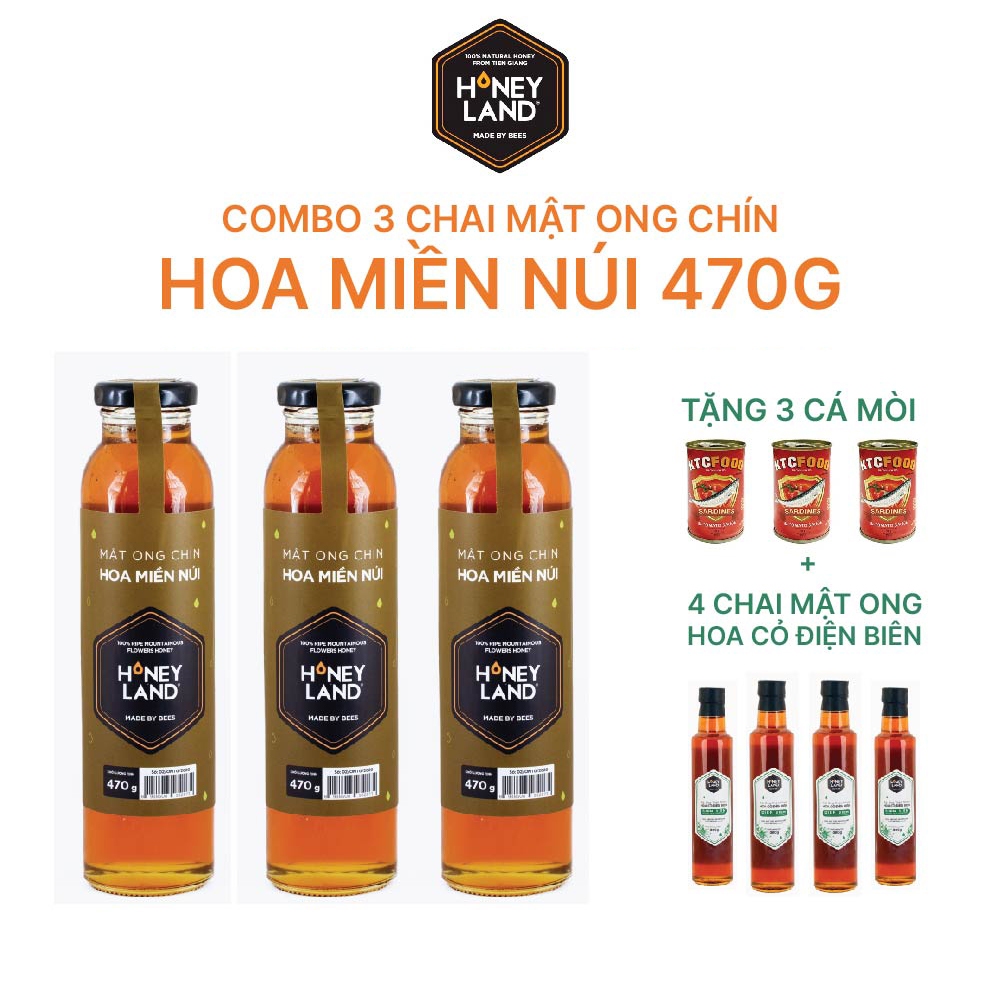 Combo 3 Chai Mật Ong Chín Hoa Miền Núi 470g/chai Honeyland Tặng 4 Điện ...