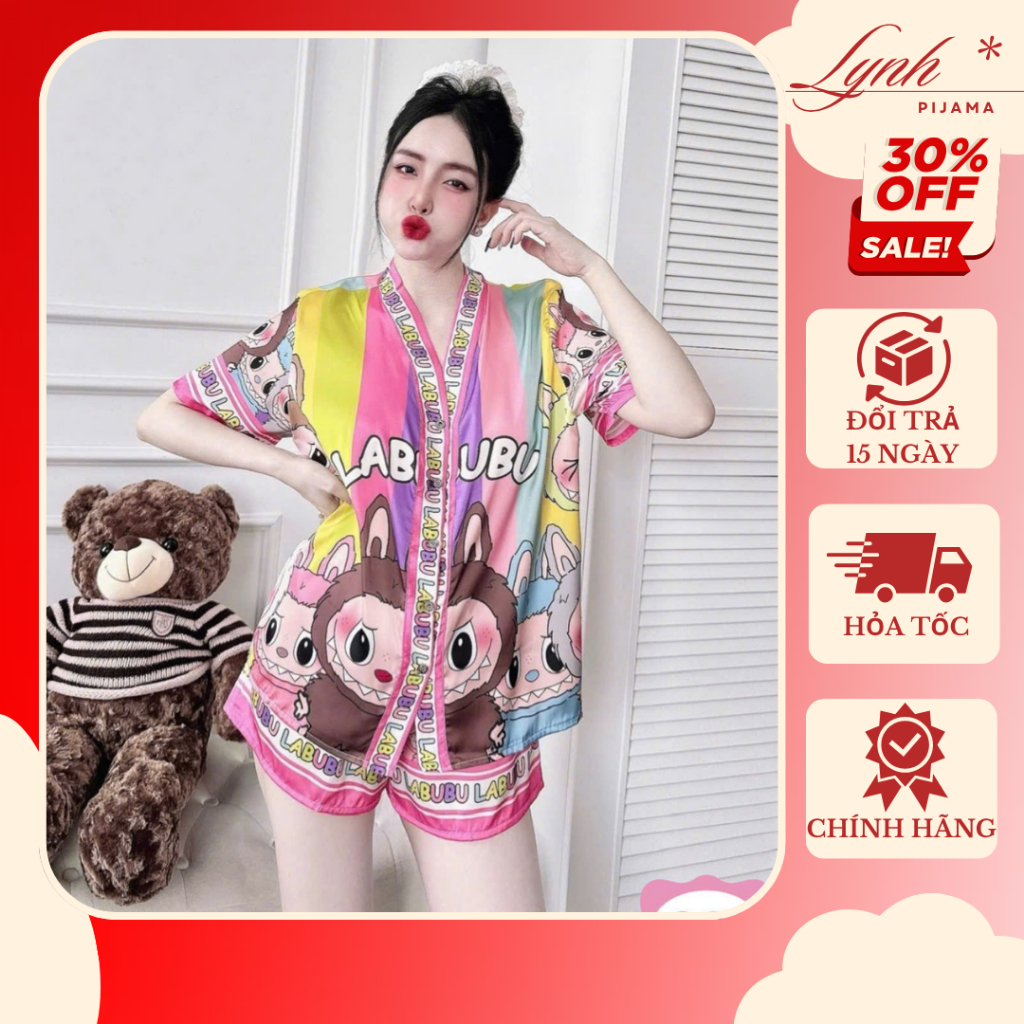 Đồ Bộ Pijama Đùi Labubu Nữ Lụa Latin Cổ V Cao Cấp Đùi Ngắn Tay Mềm Mịn ...