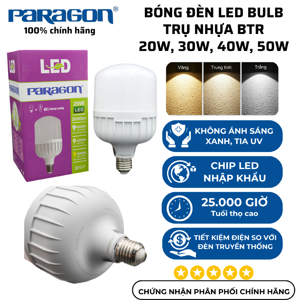 Bóng đèn Led Bulb trụ nhựa BTR Paragon 20W, 30W, 40W, 50W Trắng 6500K ...
